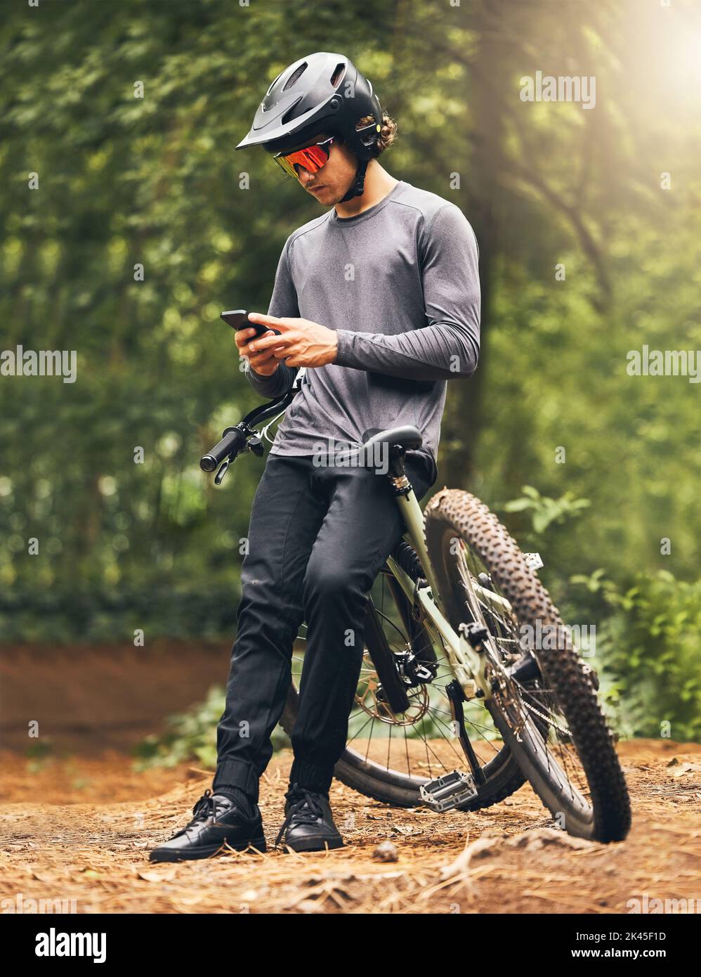 Fitness, forest and phone with man and bike relax with internet, social ...