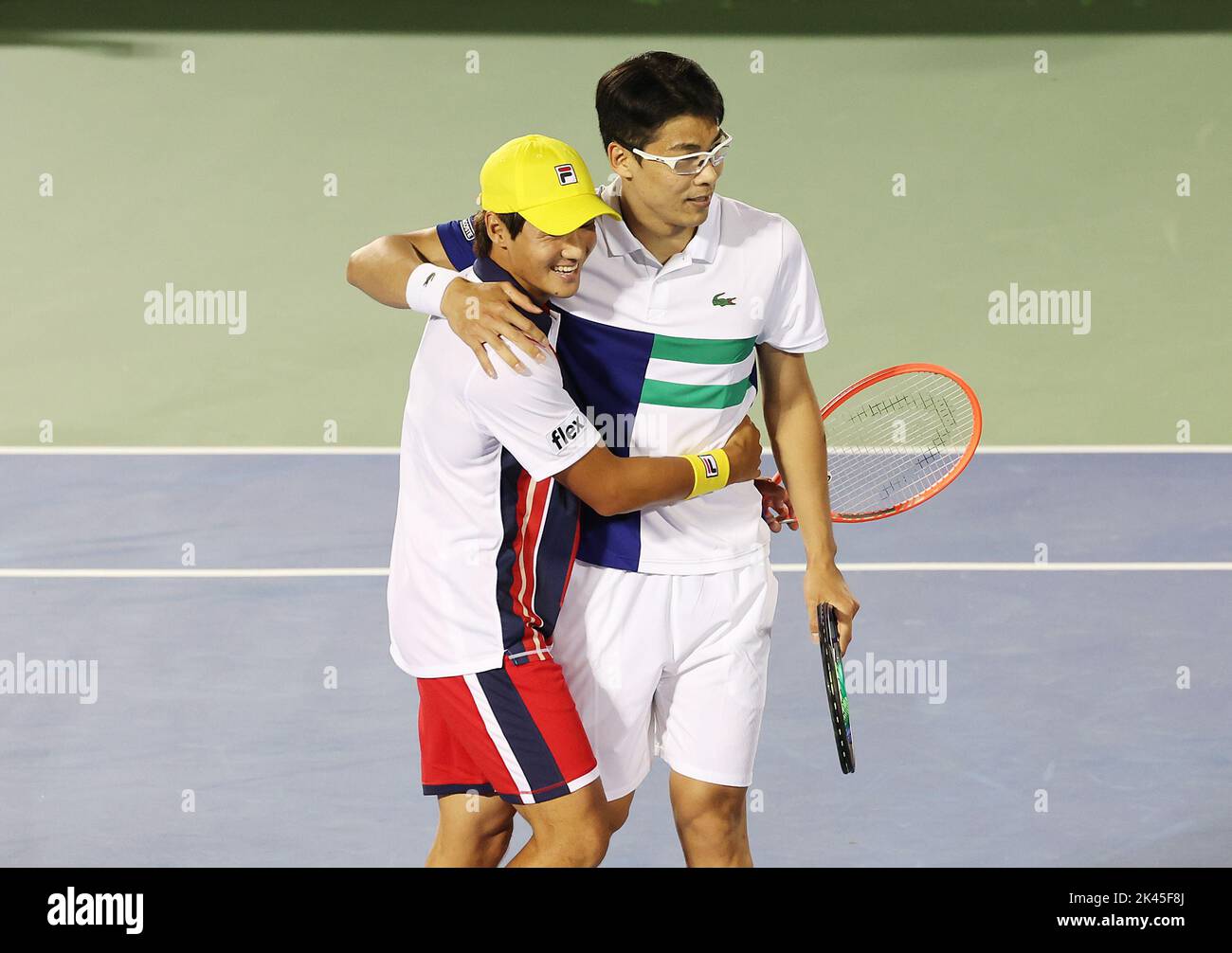 30th Sep, 2022. ATP Eugene Korea Open Kwon Soon-woo (L) and Chung Hyeon of South Korea celebrate ...
