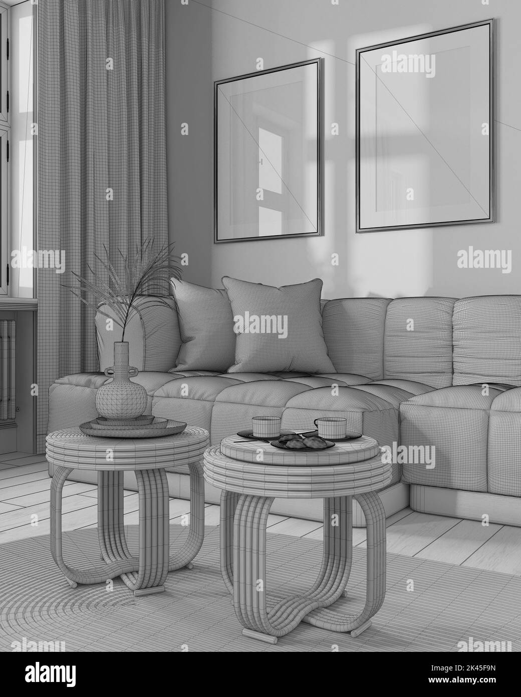 Blueprint unfinished project draft, frame mockup, wooden living room ...