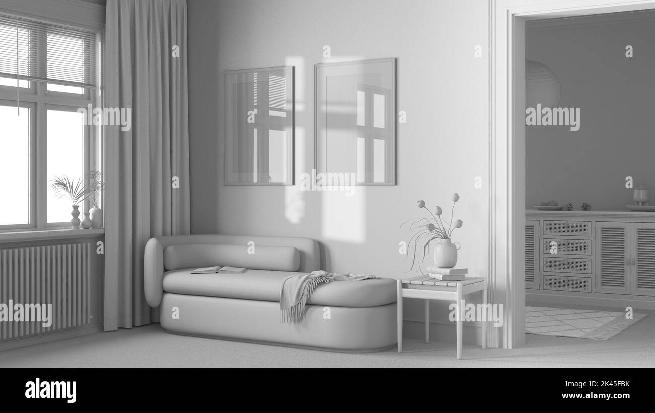 Total white project draft, elegant living room with carpeted floor and ...