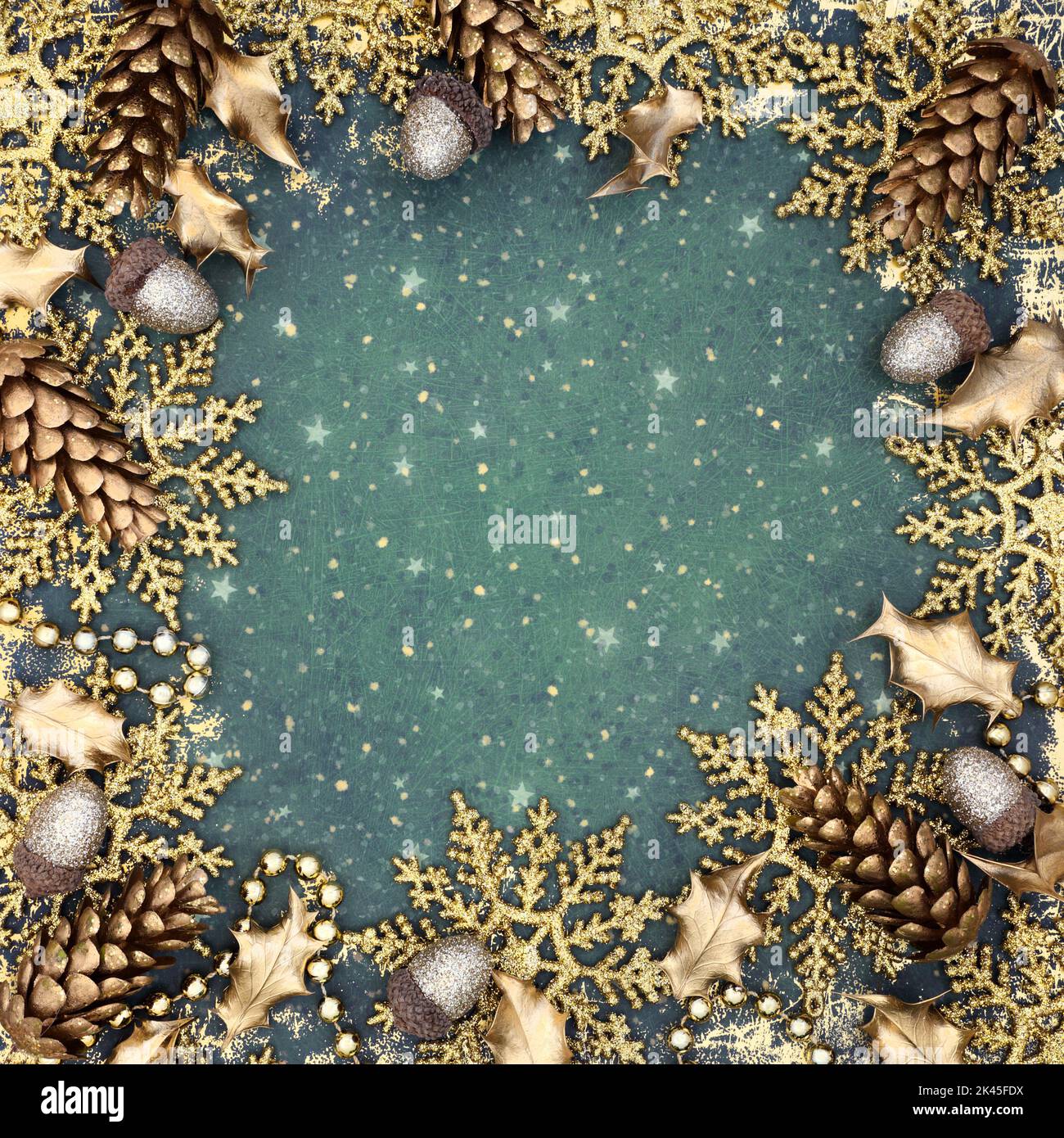 Christmas snowflake and gold winter objects background border on grunge ...