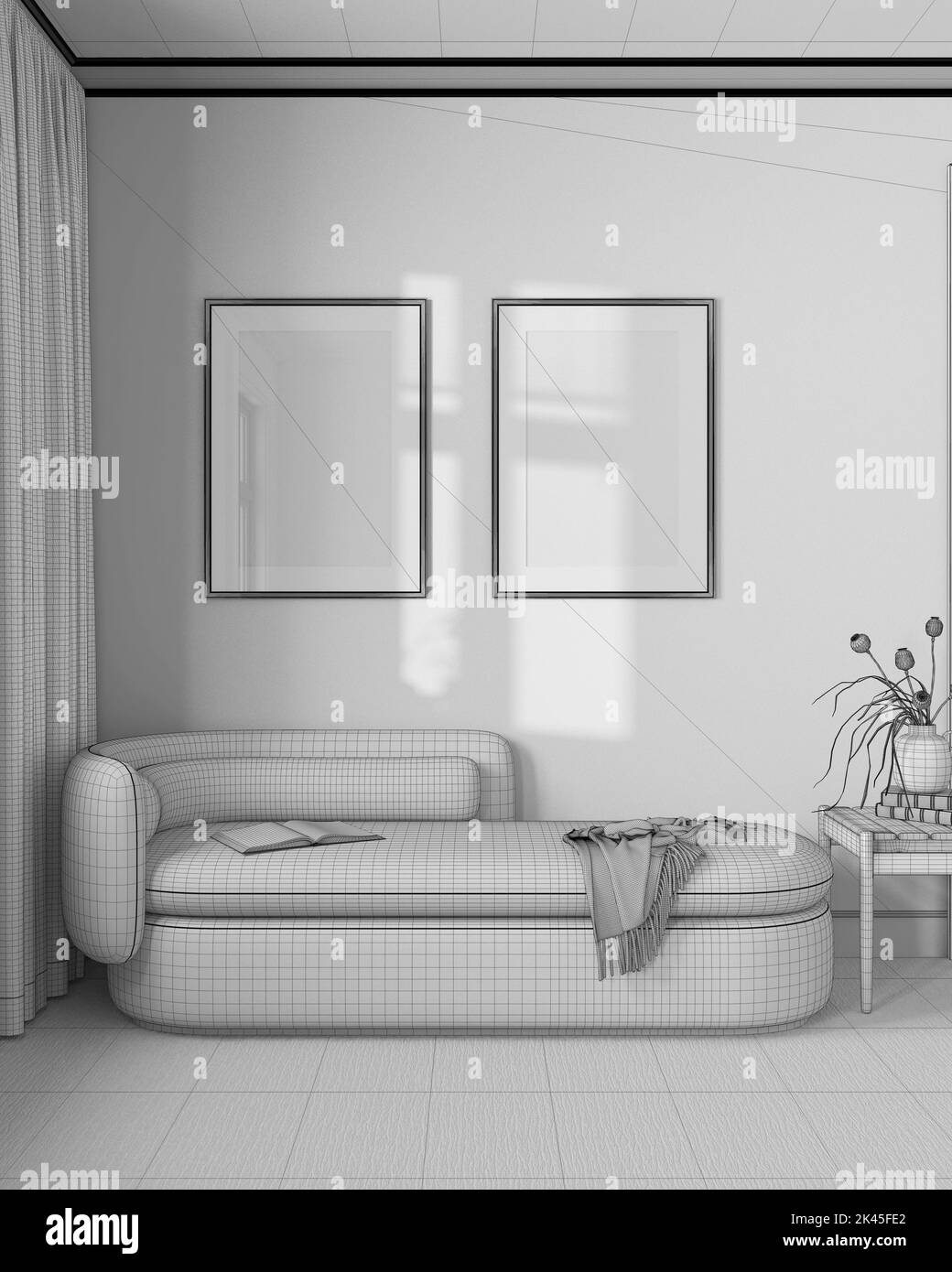 Blueprint unfinished project draft, elegant living room front view ...