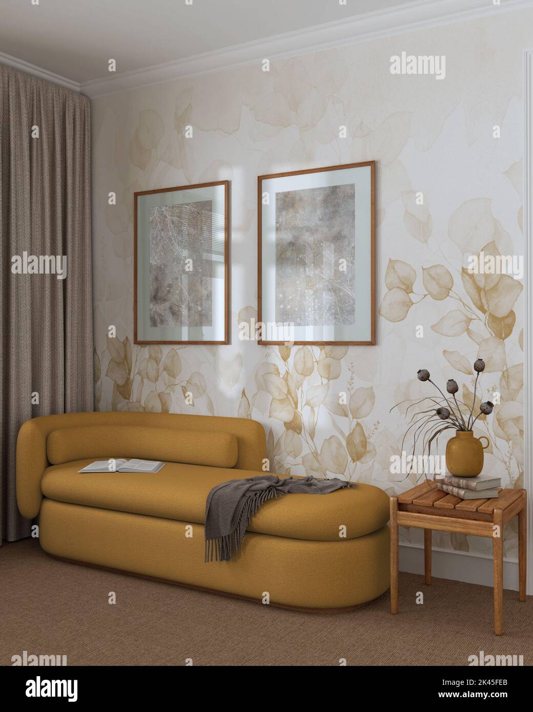 Elegant living room in yellow and beige tones with wallpaper, carpeted ...