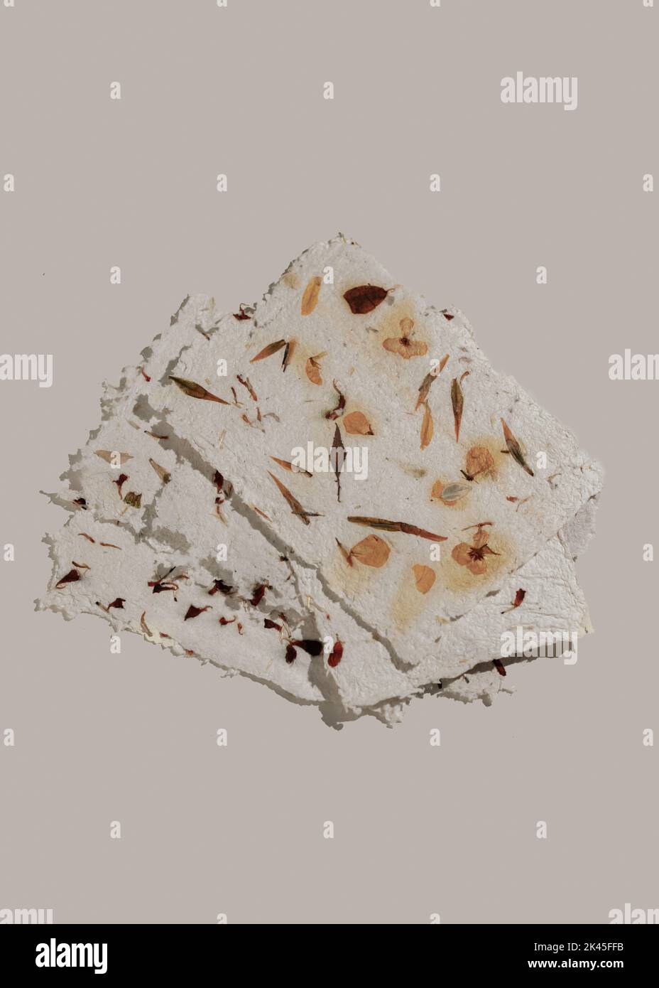 Handmade paper with rough texture and embedded pressed dried flowers ...