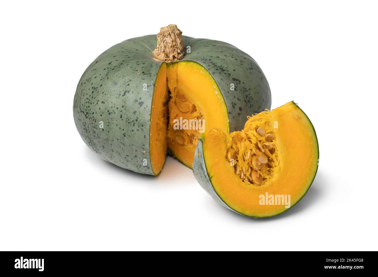 Single French Crown prince Pumpkin and a slice close up isolated on ...