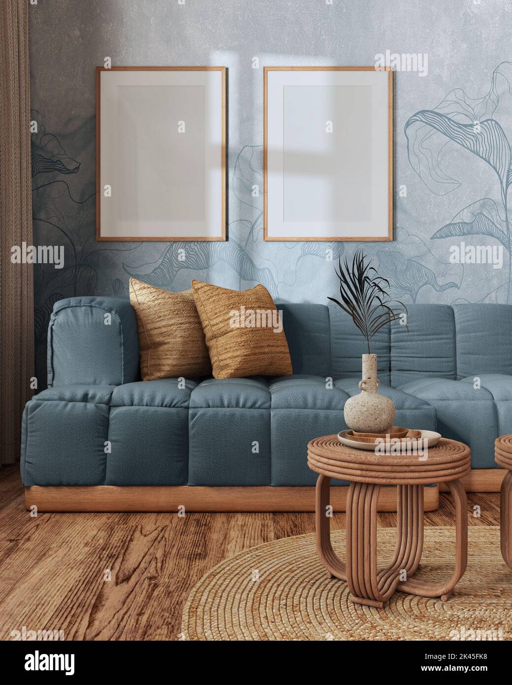 Frame mockup, farmhouse living room in blue and beige tones. Parquet ...