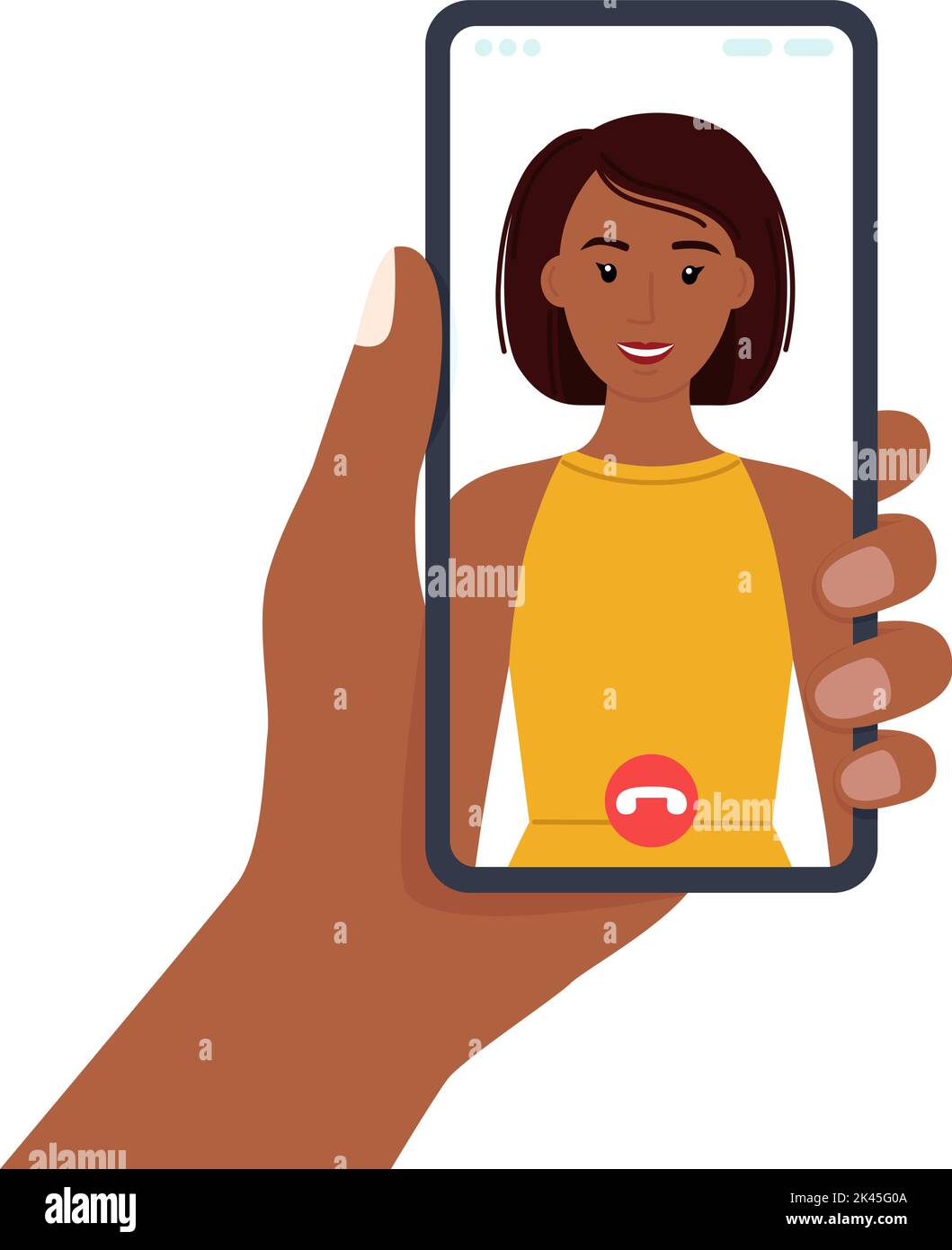 Hand holding phone. Smartphone screen with beautiful girl. Video call ...