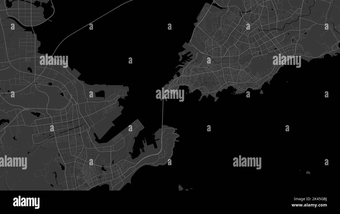 Dark black Qingdao city area vector background map, roads and water ...