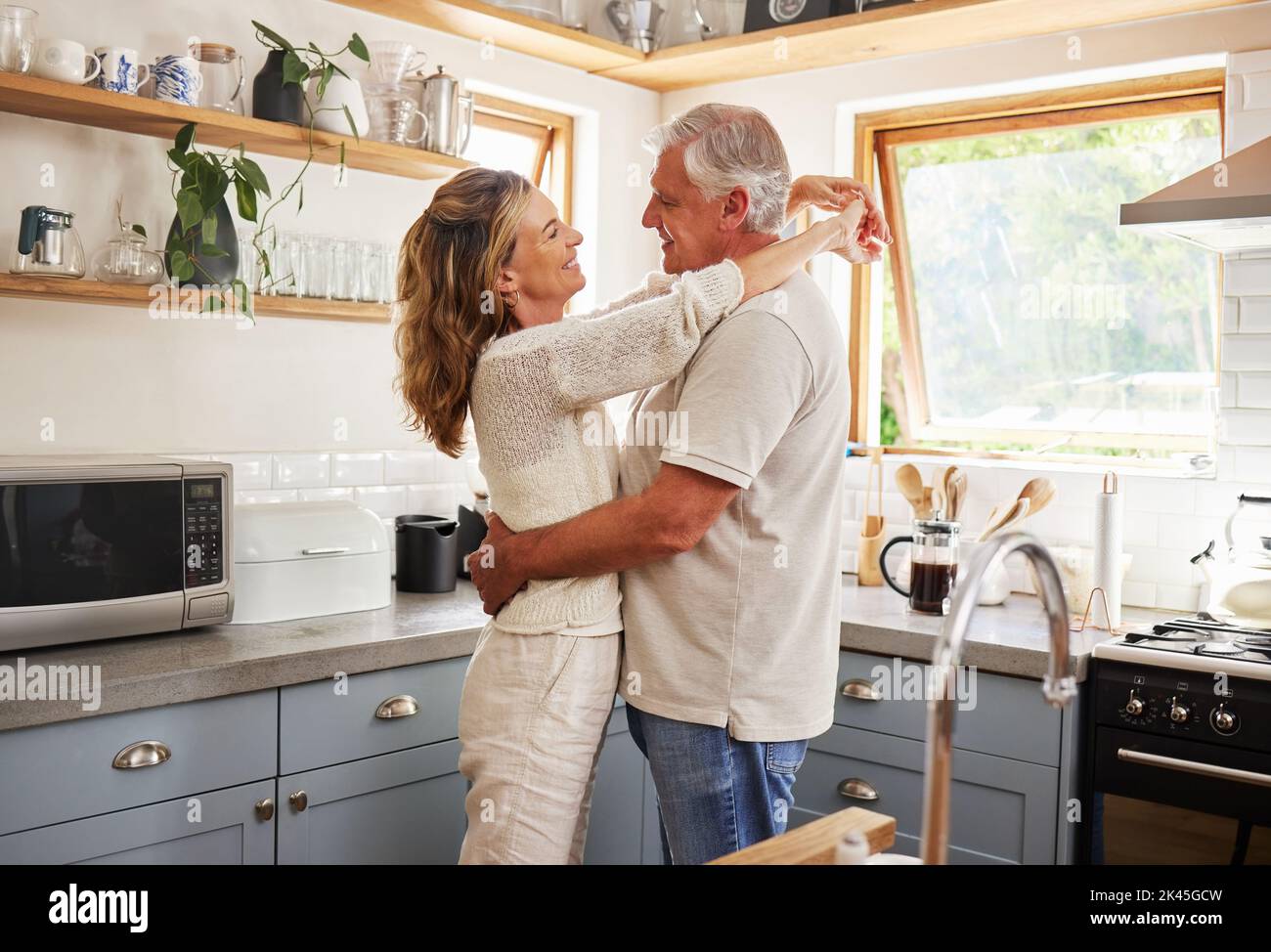 Happy senior couple, love and care embracing relationship bonding ...