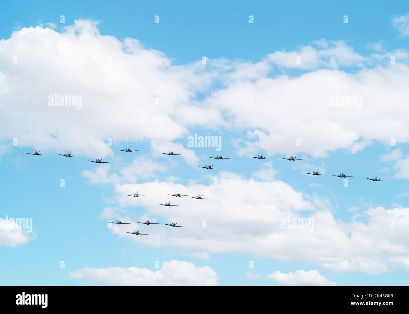World War 2 planes - a group of 15 spitfires and 4 Hawker Hurricanes ...