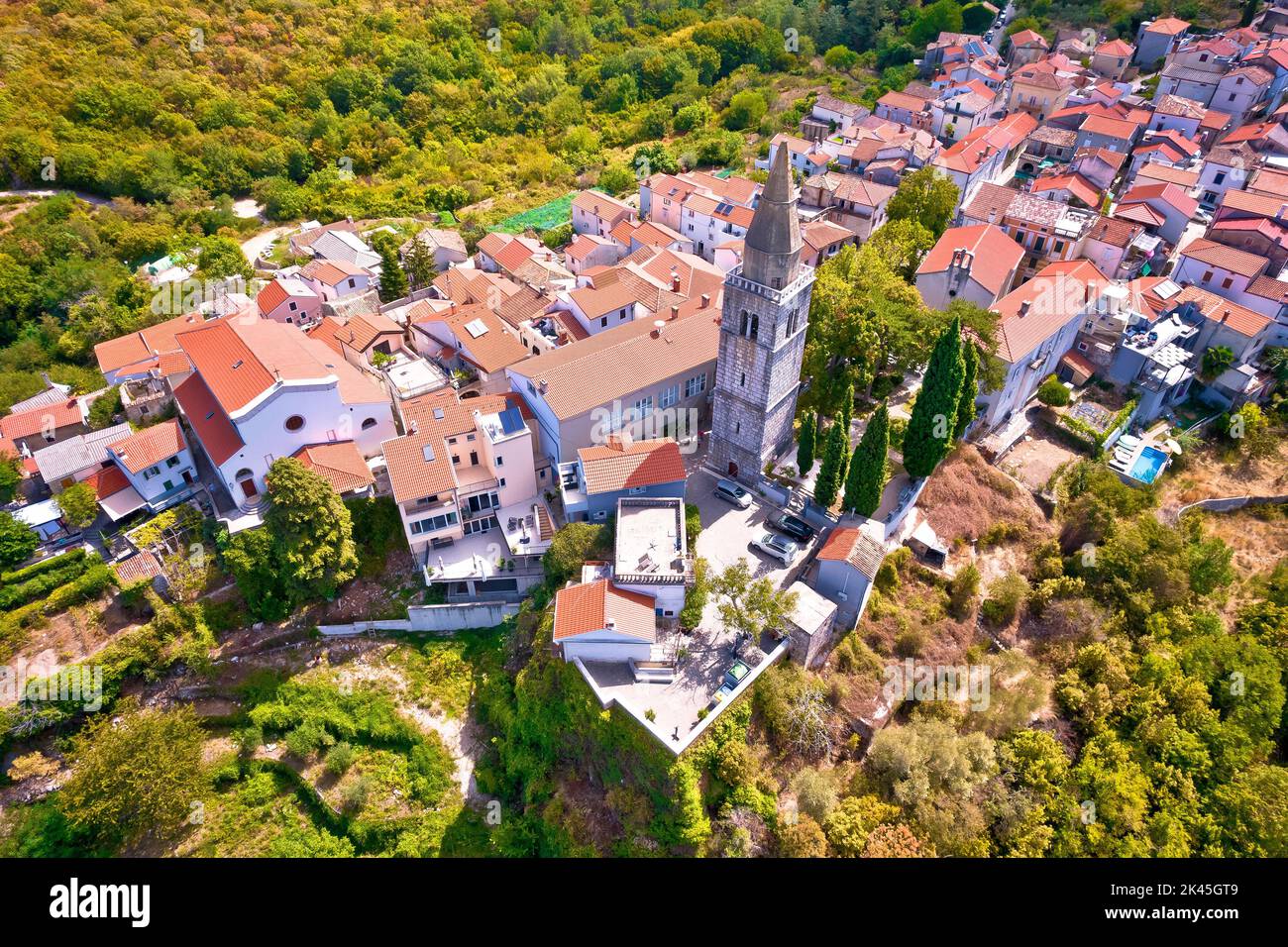 Historic town of Dobrinj aerial panoramic view, Island of Krk, Kvarner Gulf of Croatia Stock ...