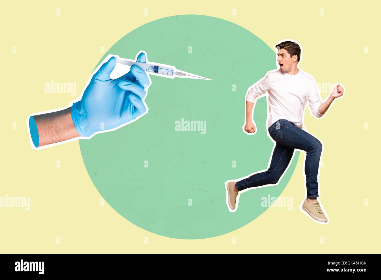 Composite collage image of terrified guy run away big doctor arm hold ...