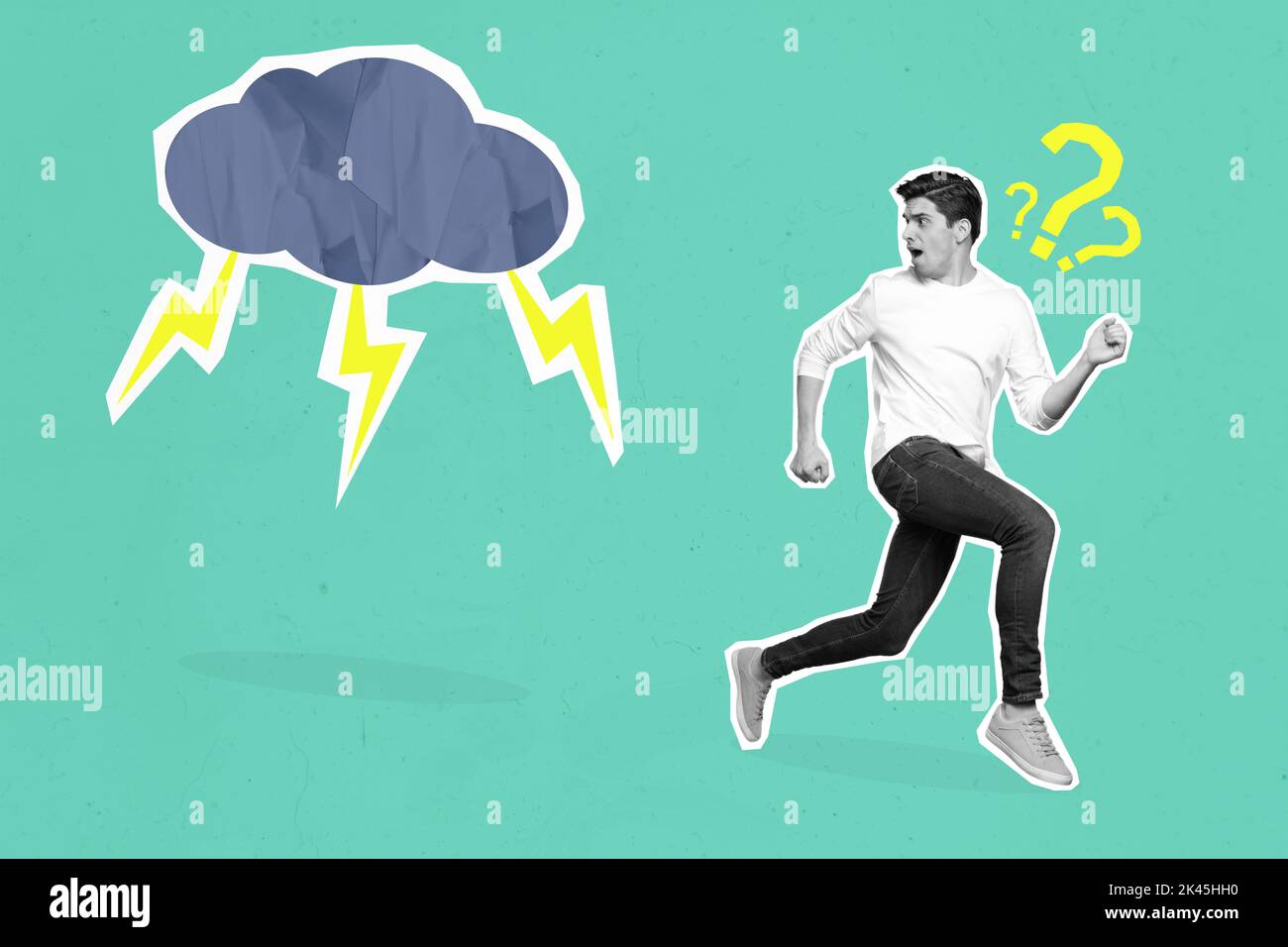 Creative collage illustration of horrified guy black white gamma ...