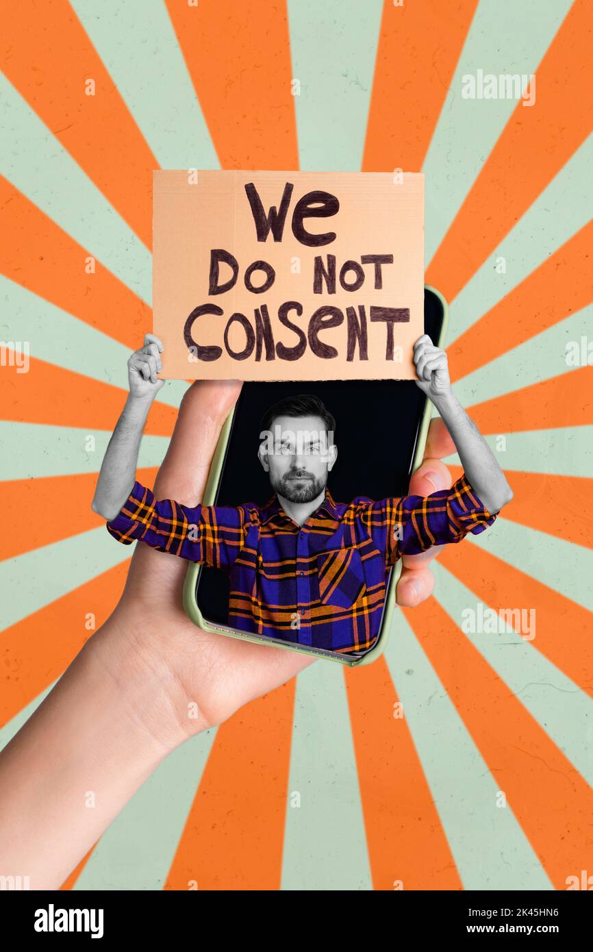 Vertical collage picture of hand hold telephone screen guy hold we do ...