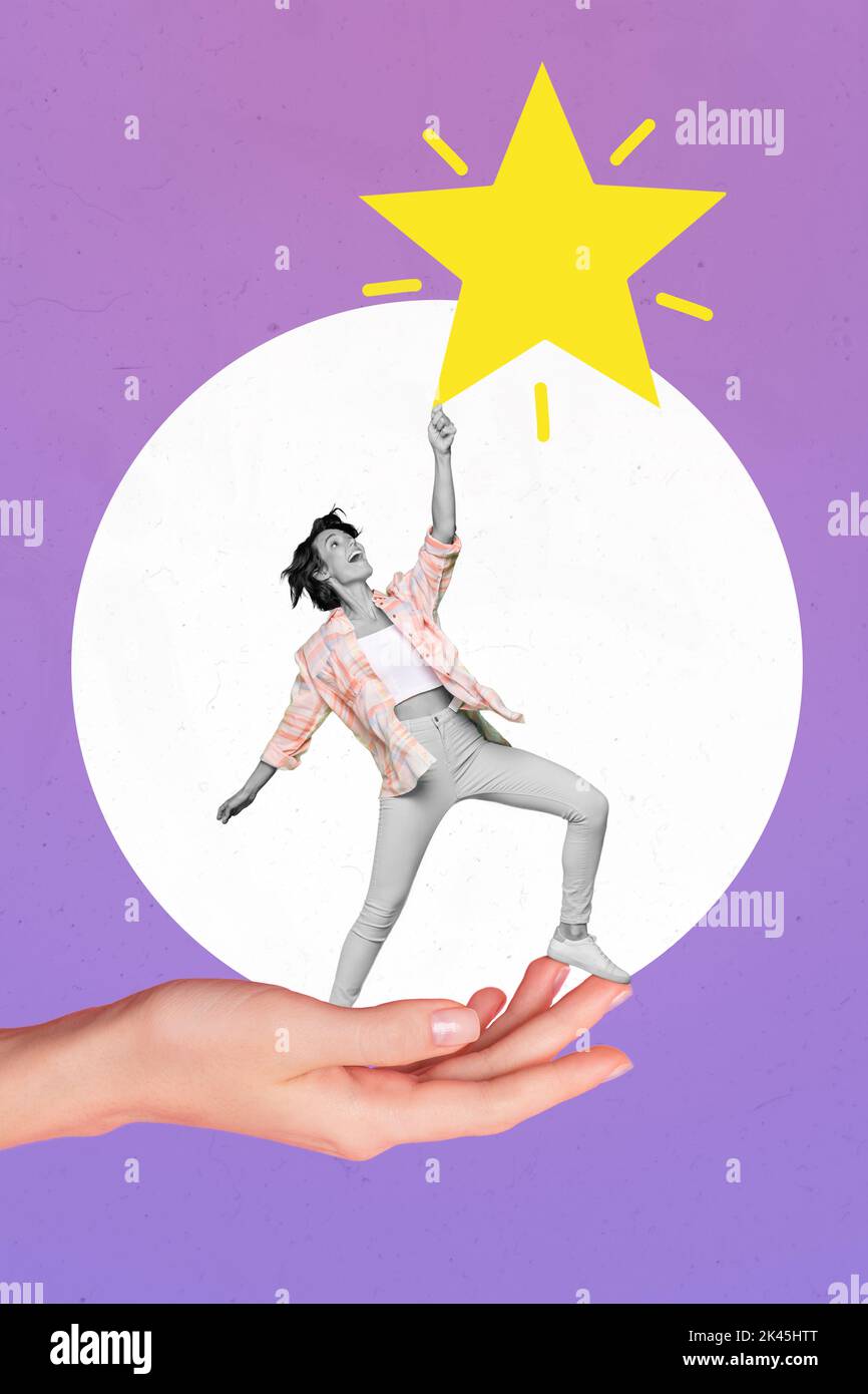 Vertical collage portrait of big human arm hold excited girl black ...