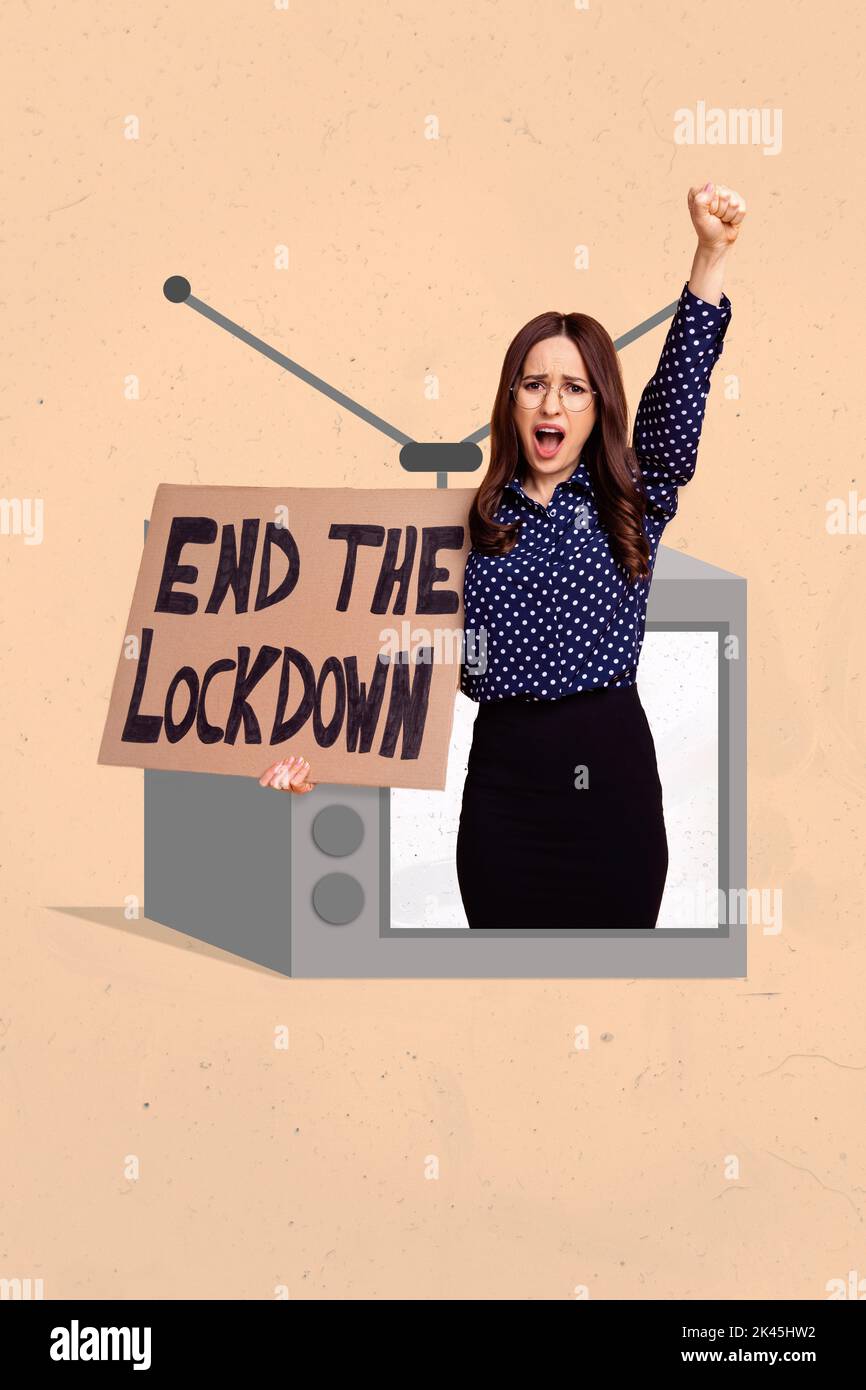 Composite collage portrait of angry girl protester inside retro tv ...