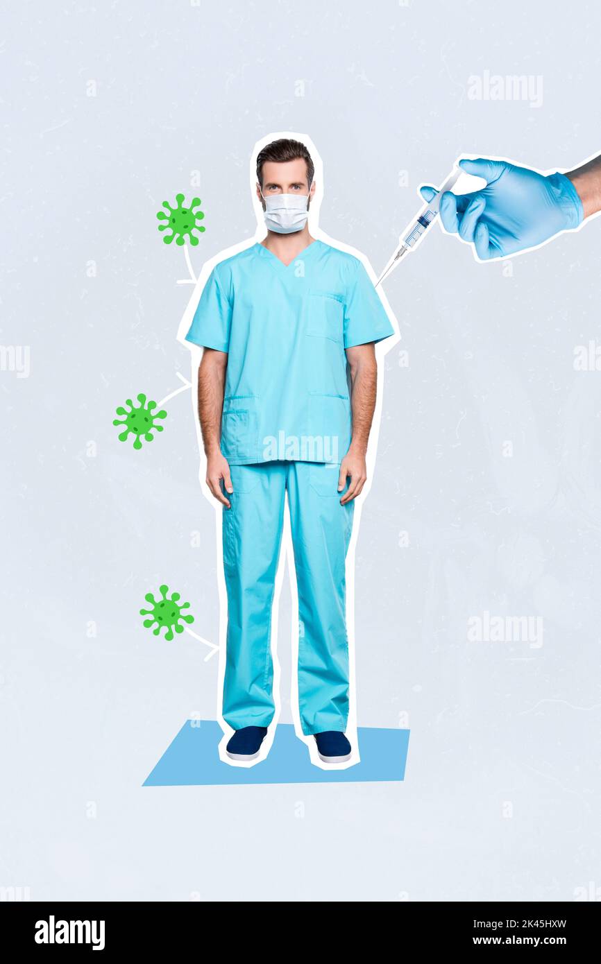 Vertical collage image of big human hand hold syringe inject doctor ...