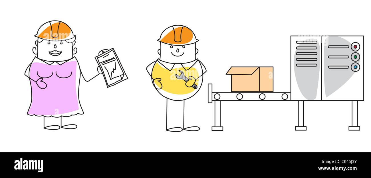 Hand drawn cartoon woman leading male colleague in factory. Discuss ...