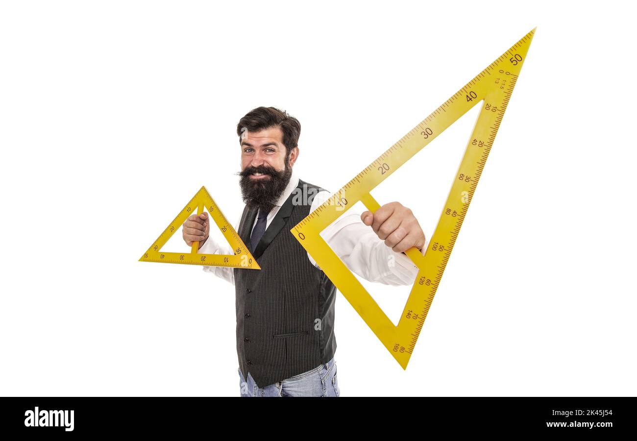 What is triangle. Bearded man hold triangles isolated on white. School ...