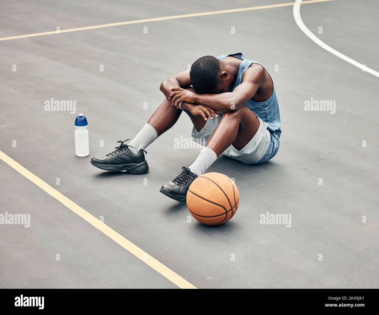 Basketball man, sports burnout and game fatigue on court sport training ...