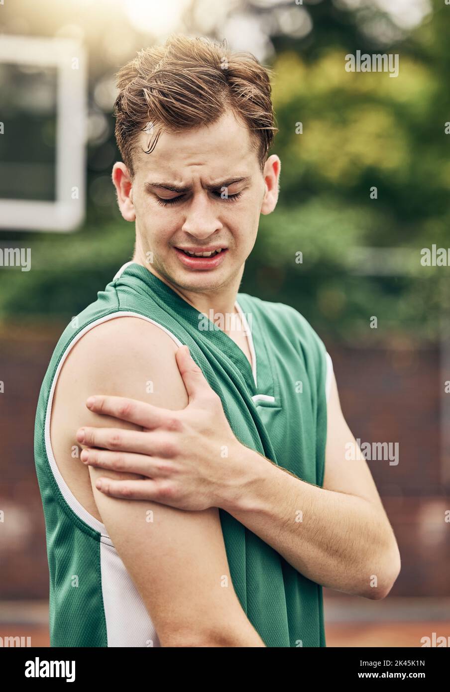 Muscle injury, basketball or sport pain and man with emergency arm ...