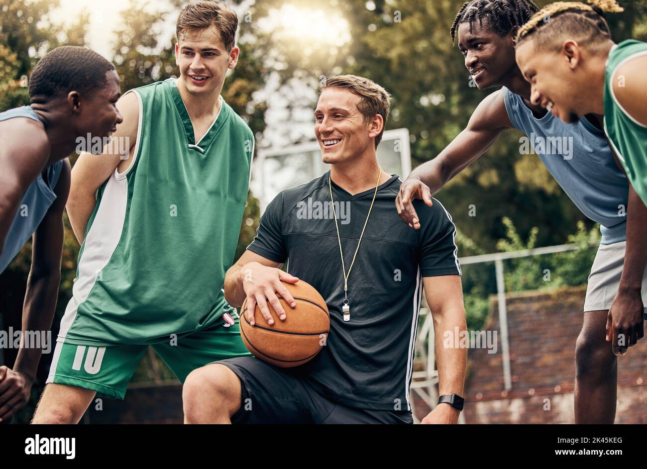 Basketball coach talking to his team during a training session on ...