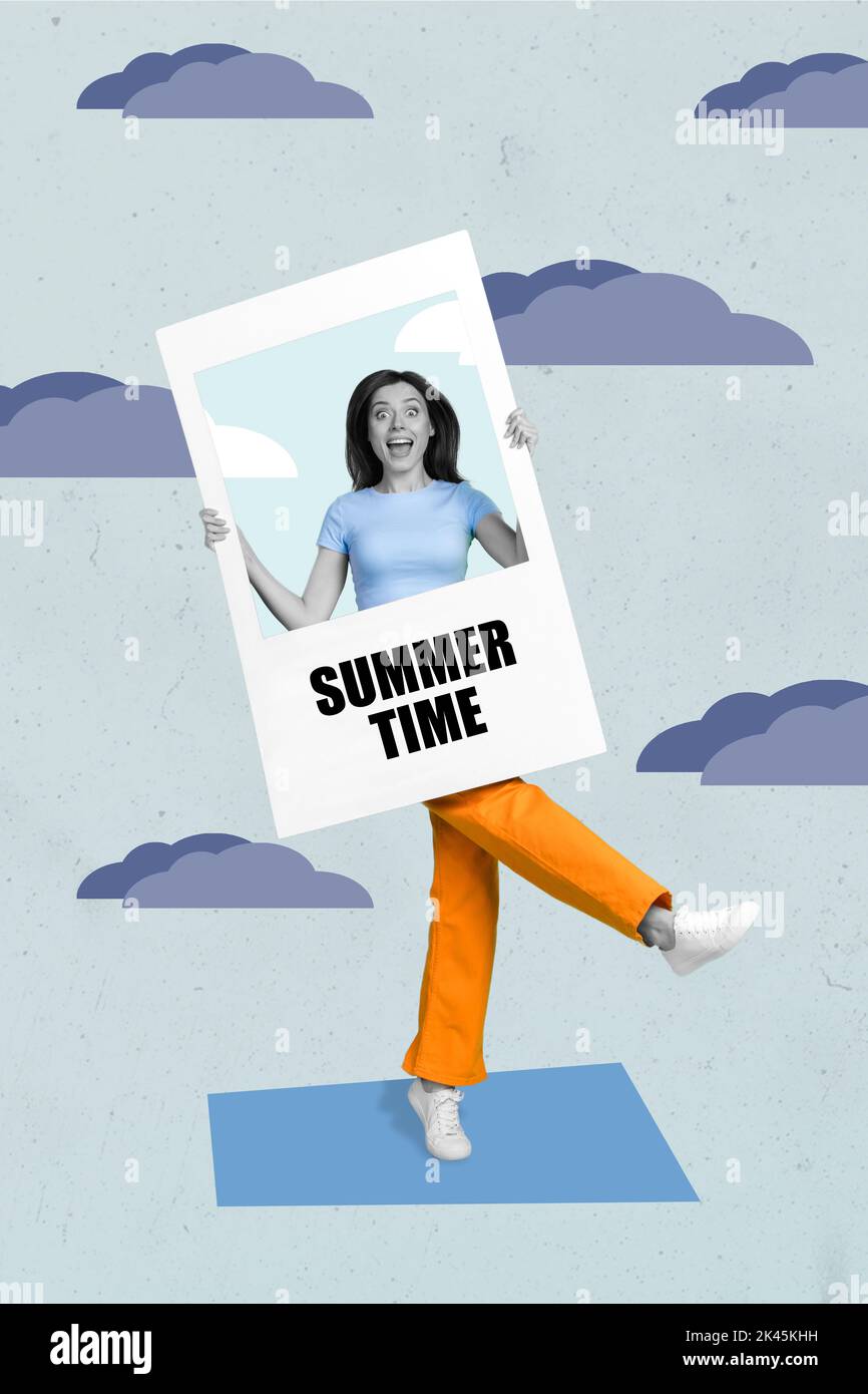 Creative drawing collage picture of funny excited woman holding instant ...