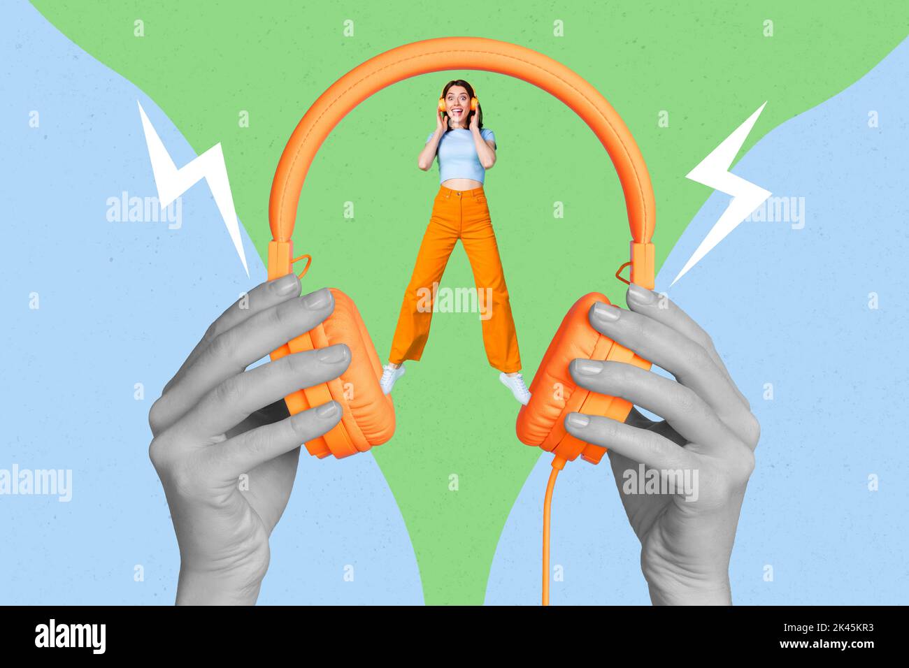 Creative poster collage of active young funny lady listen headphones ...