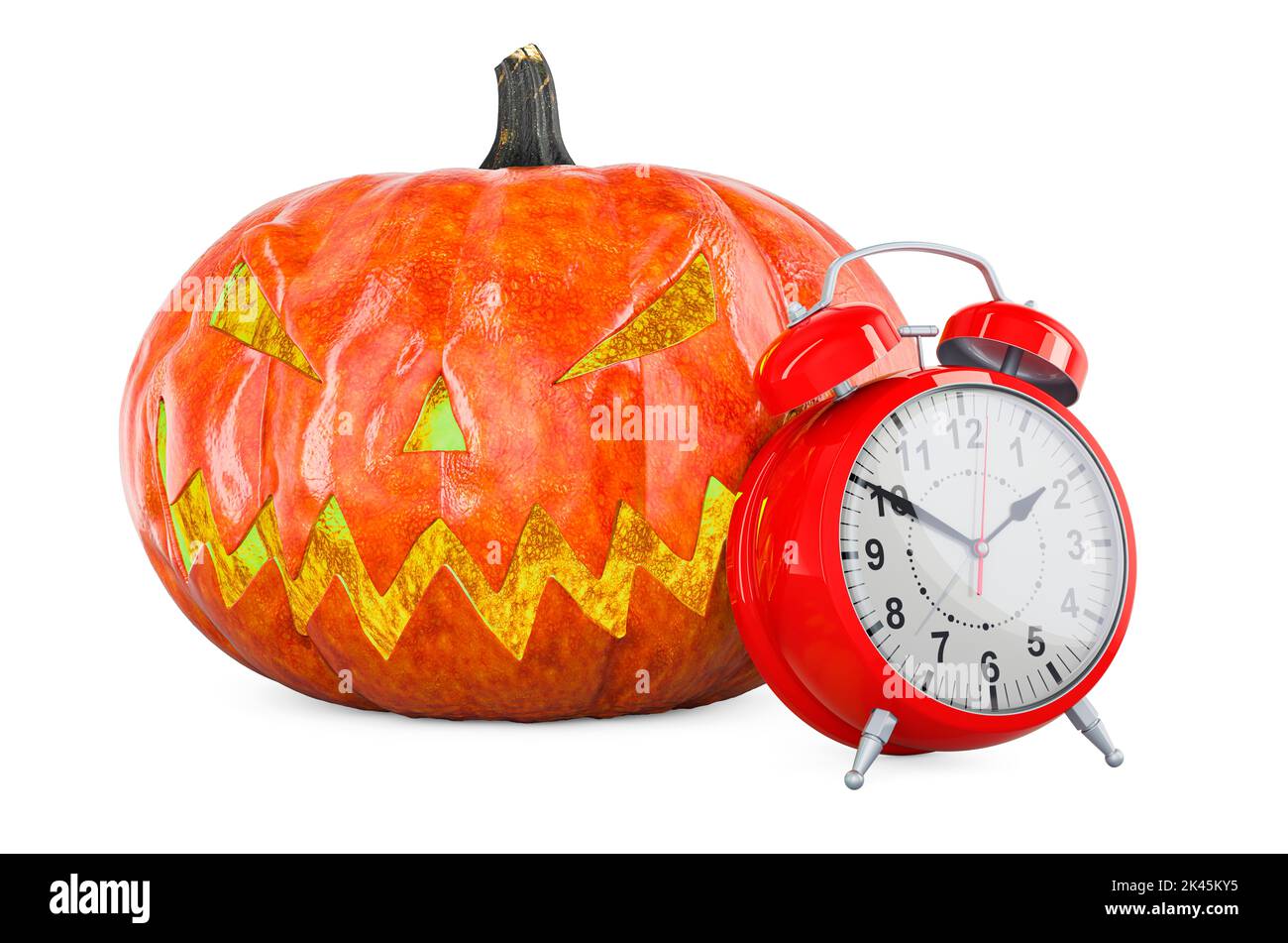 Halloween time. Pumpkin with alarmclock, 3D rendering isolated on white ...