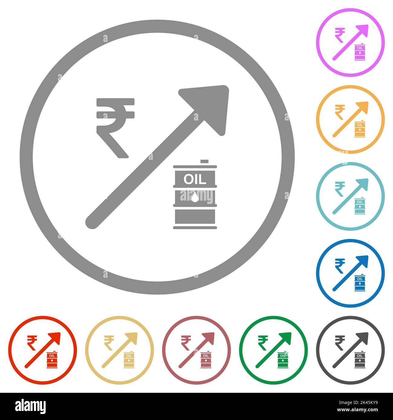 Rising oil energy Indian Rupee prices flat color icons in round outlines on white background ...
