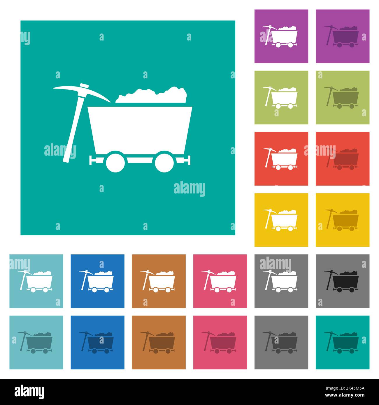 Loaded mine cart and pickaxe multi colored flat icons on plain square backgrounds. Included ...