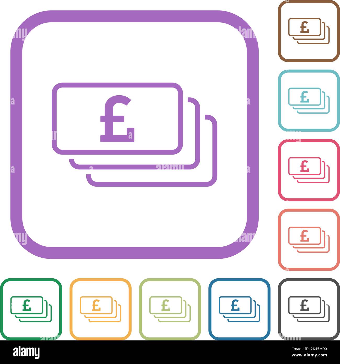 English Pound banknotes outline simple icons in color rounded square ...
