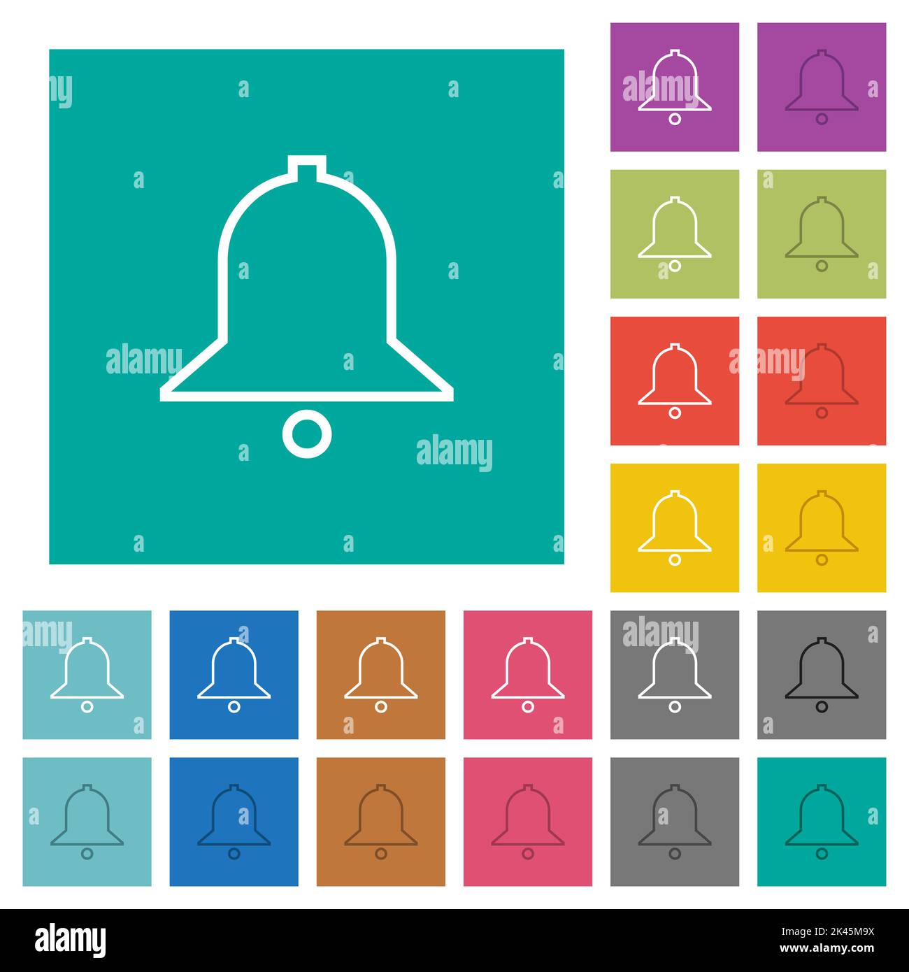 Single bell outline multi colored flat icons on plain square ...
