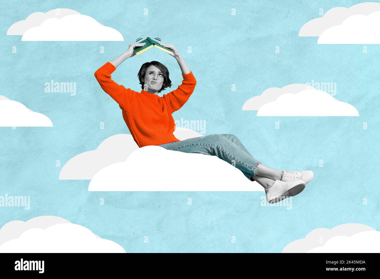 Creative abstract template collage of cute funny bored young woman ...