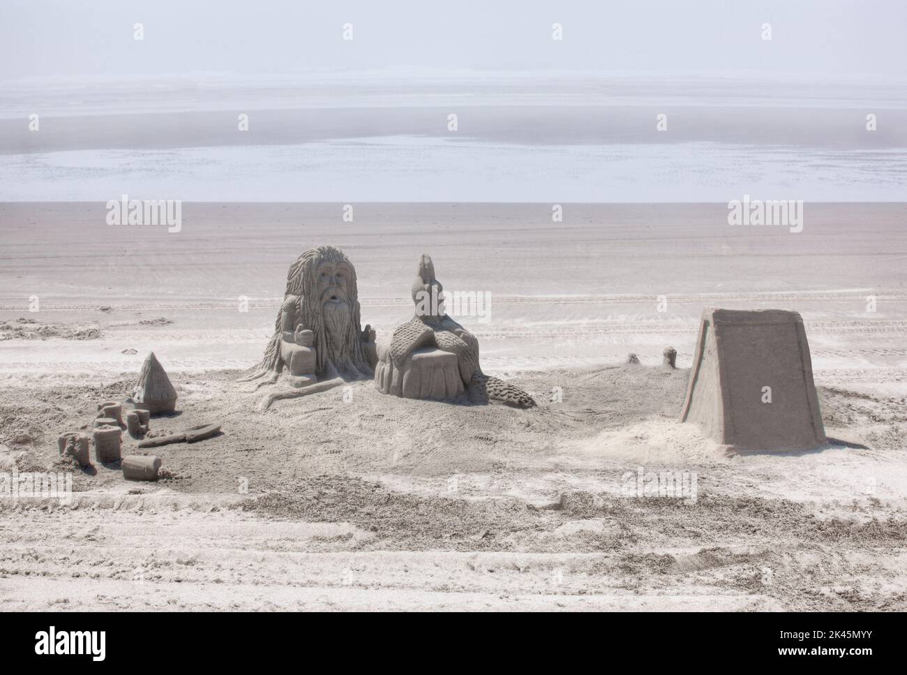 Sand castles referencing Native American culture on sandy beach Stock ...