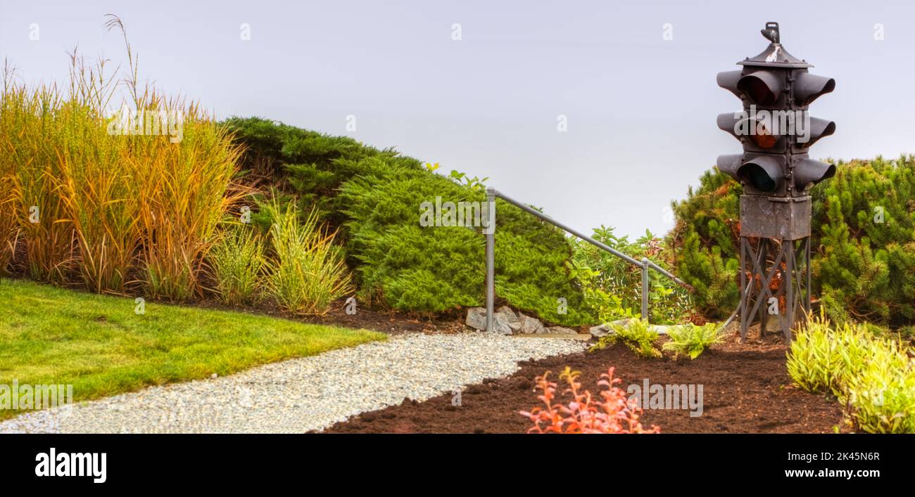 Traffic light in a garden, flower border with shrubs and path Stock ...
