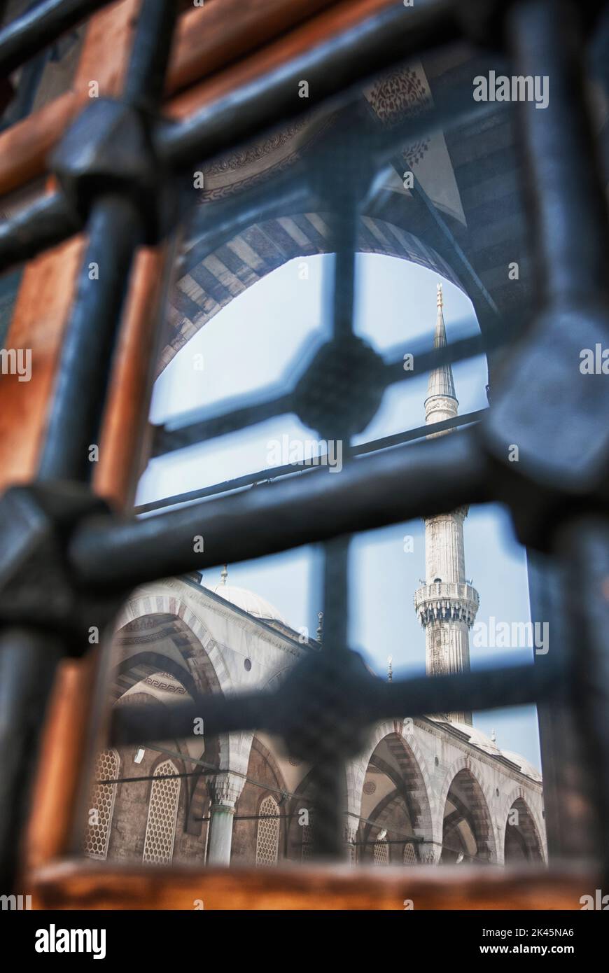 Istanbul city, a landmark, a tall minaret and arches with stonework and ...