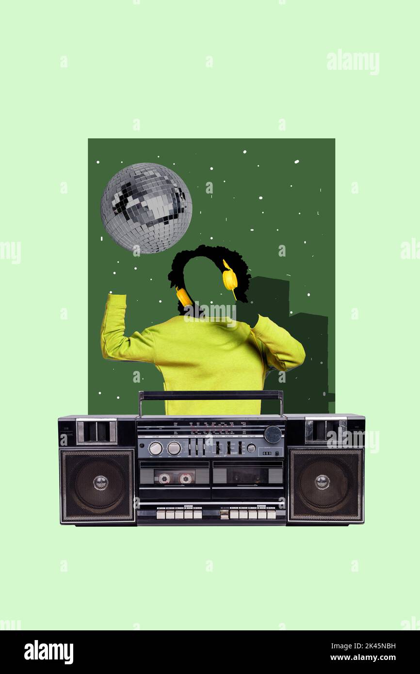 Poster image collage of youngster person with no face working dj retro ...