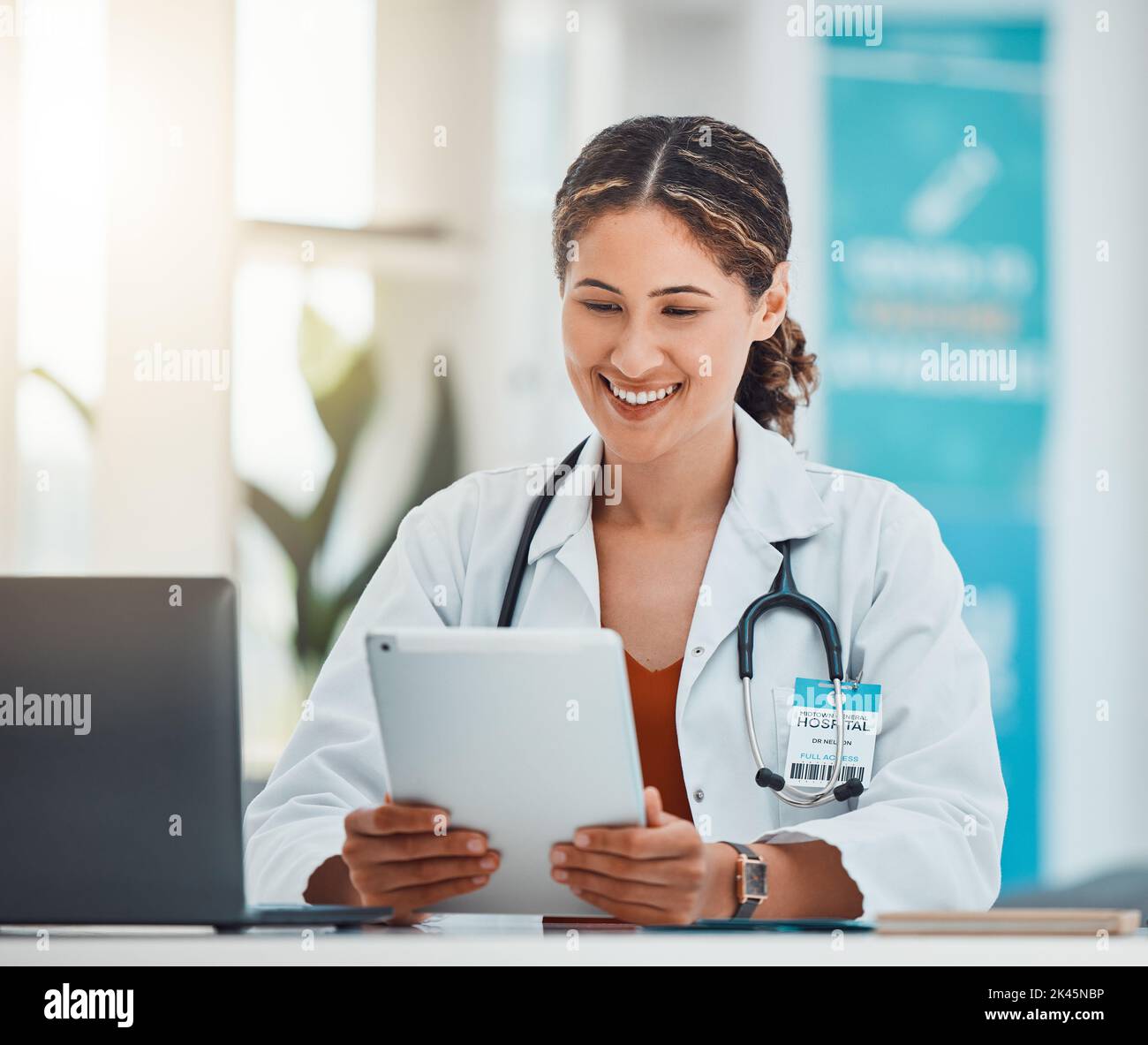 Hospital, doctor and video call on tablet with happy communication ...