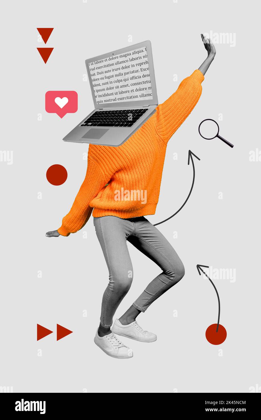 Collage magazine image of freak person with modern netbook face dance ...