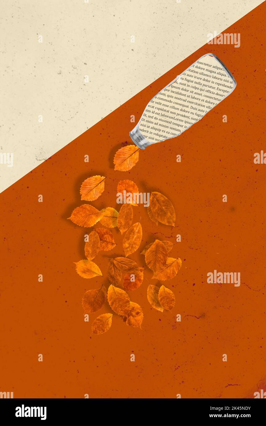 Vertical composite collage picture of bottle text inside pour fallen ...