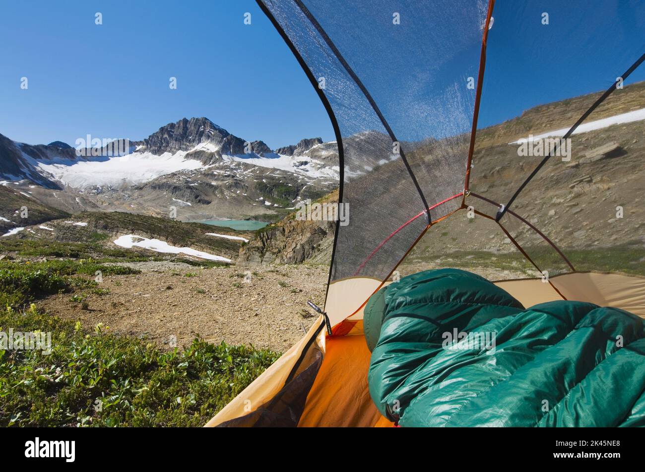 View from inside a tent of Russell Peak and Limestone Lakes Basin in ...