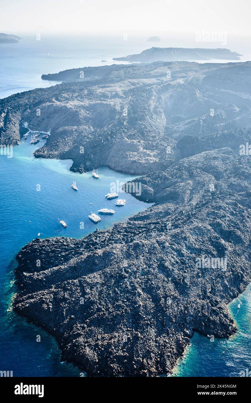 Aerial view of the landscape of an island in the caldera, volcanic rock ...