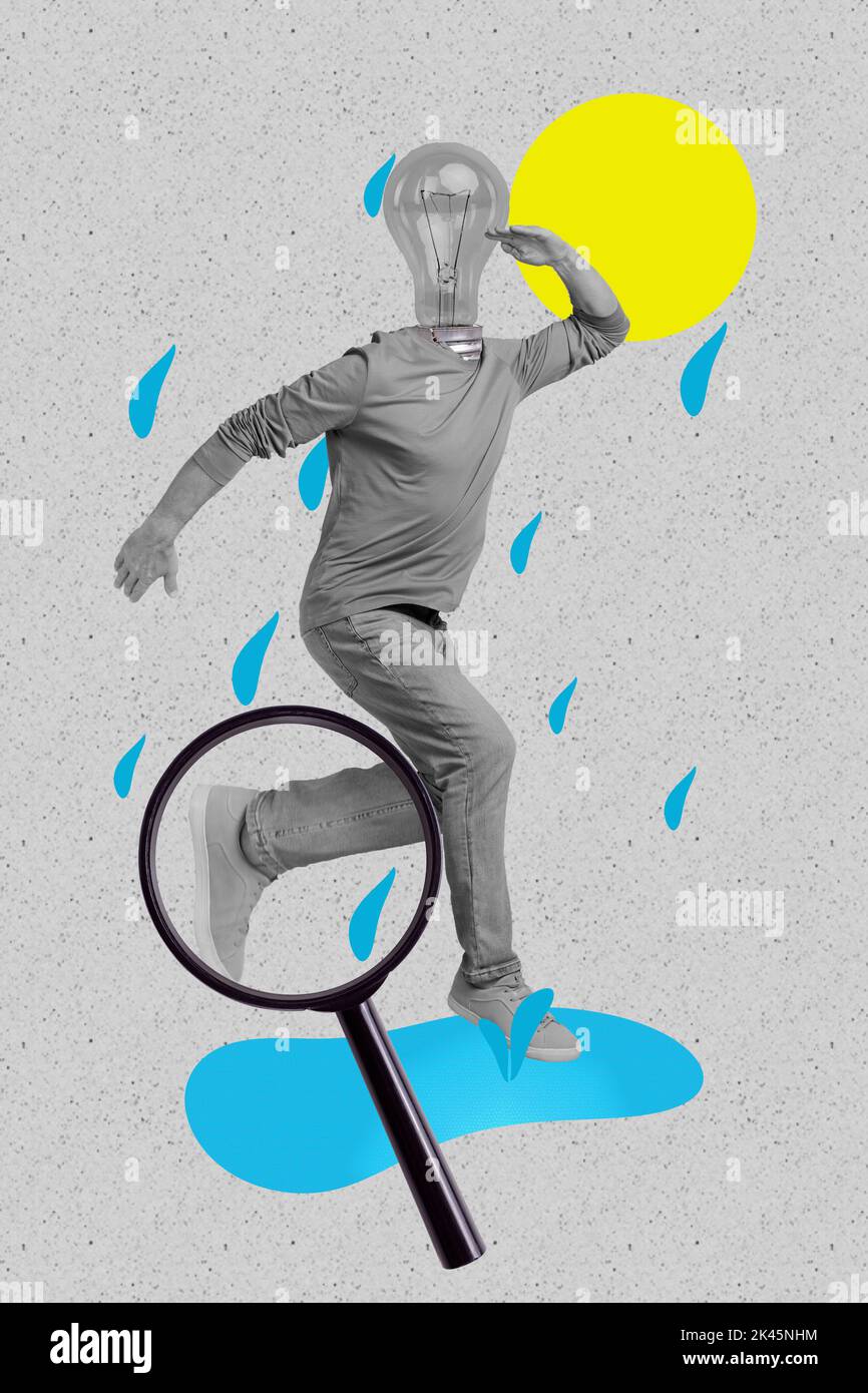 Poster banner collage of guy with bulb face run fast research sunny ...