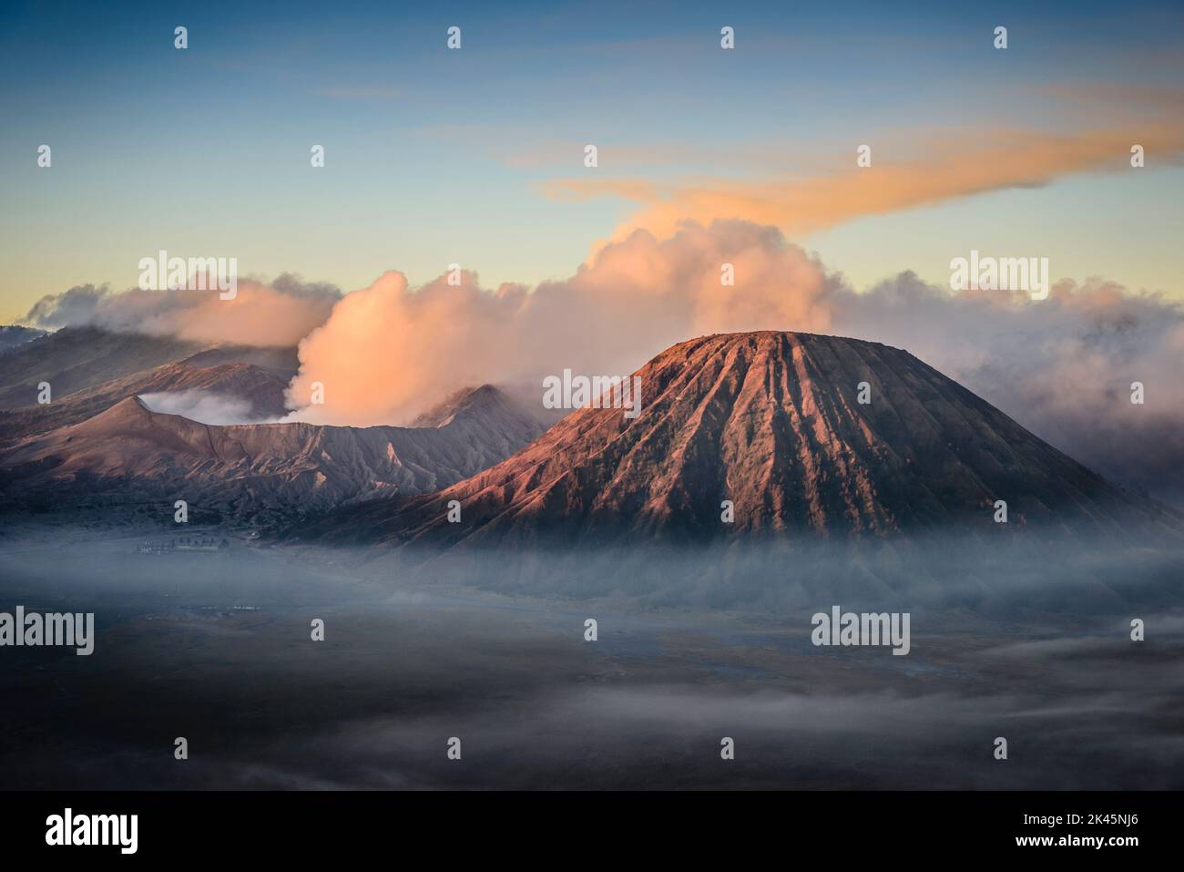Mount Bromo volcano, a somma volcano and part of the Tengger mountains ...