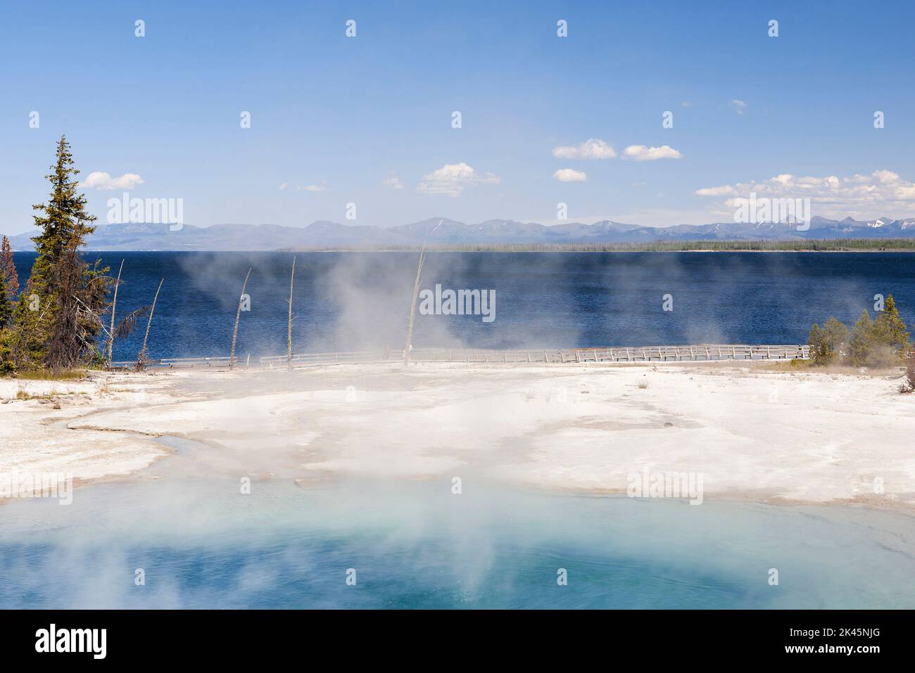 West Thumb geyser basin, a volcanic spring, steam rising from the water ...