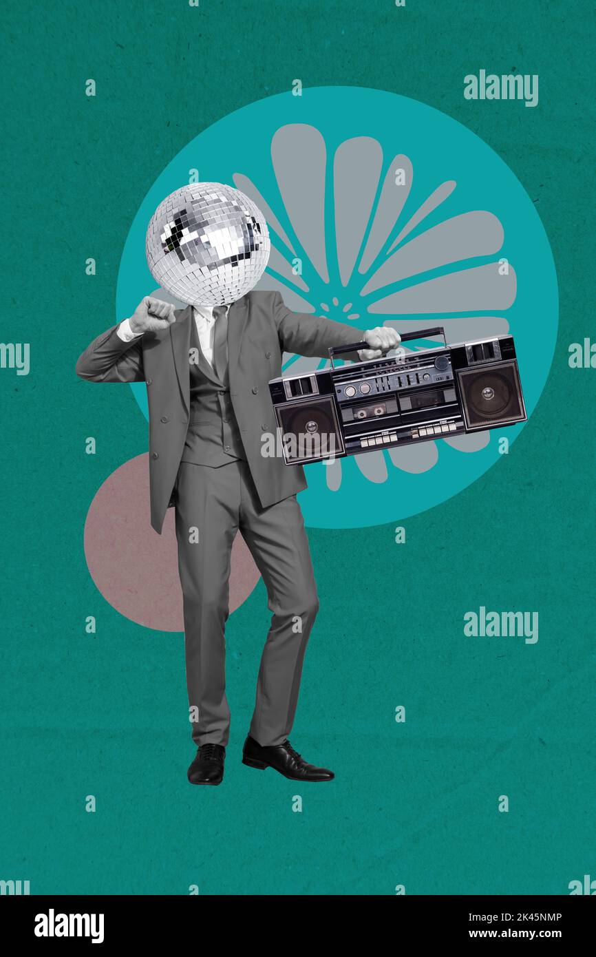 Magazine poster collage of guy person having disco ball tape recorder ...