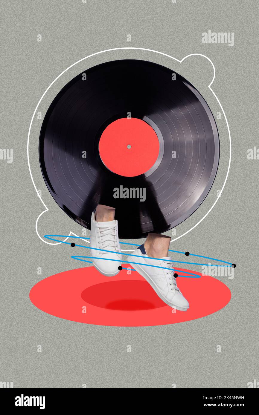 Banner picture collage of freak youth person with vinyl disc body ...