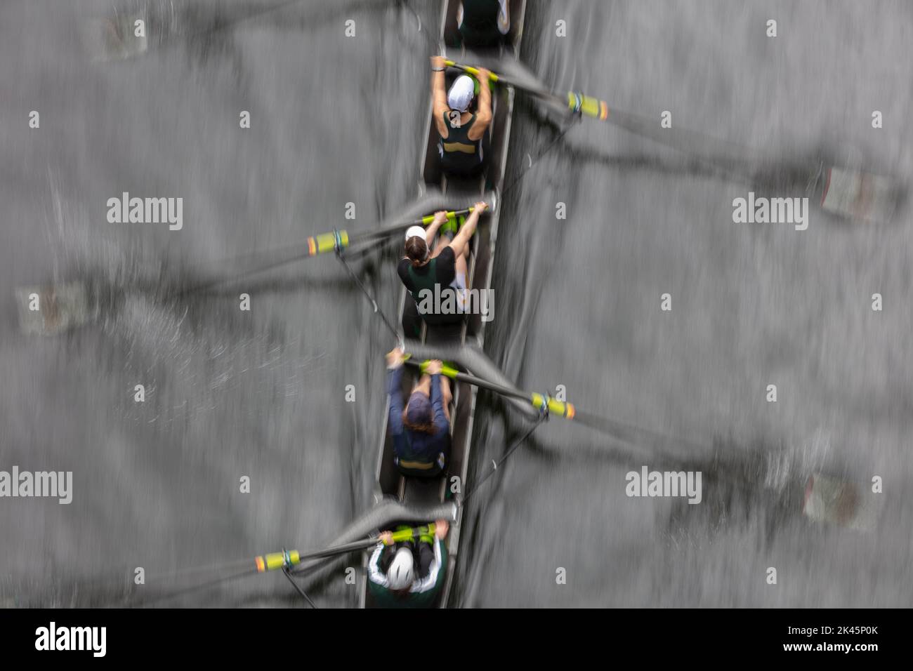 Overhead view of female crew racers rowing in an octuple racing shell ...