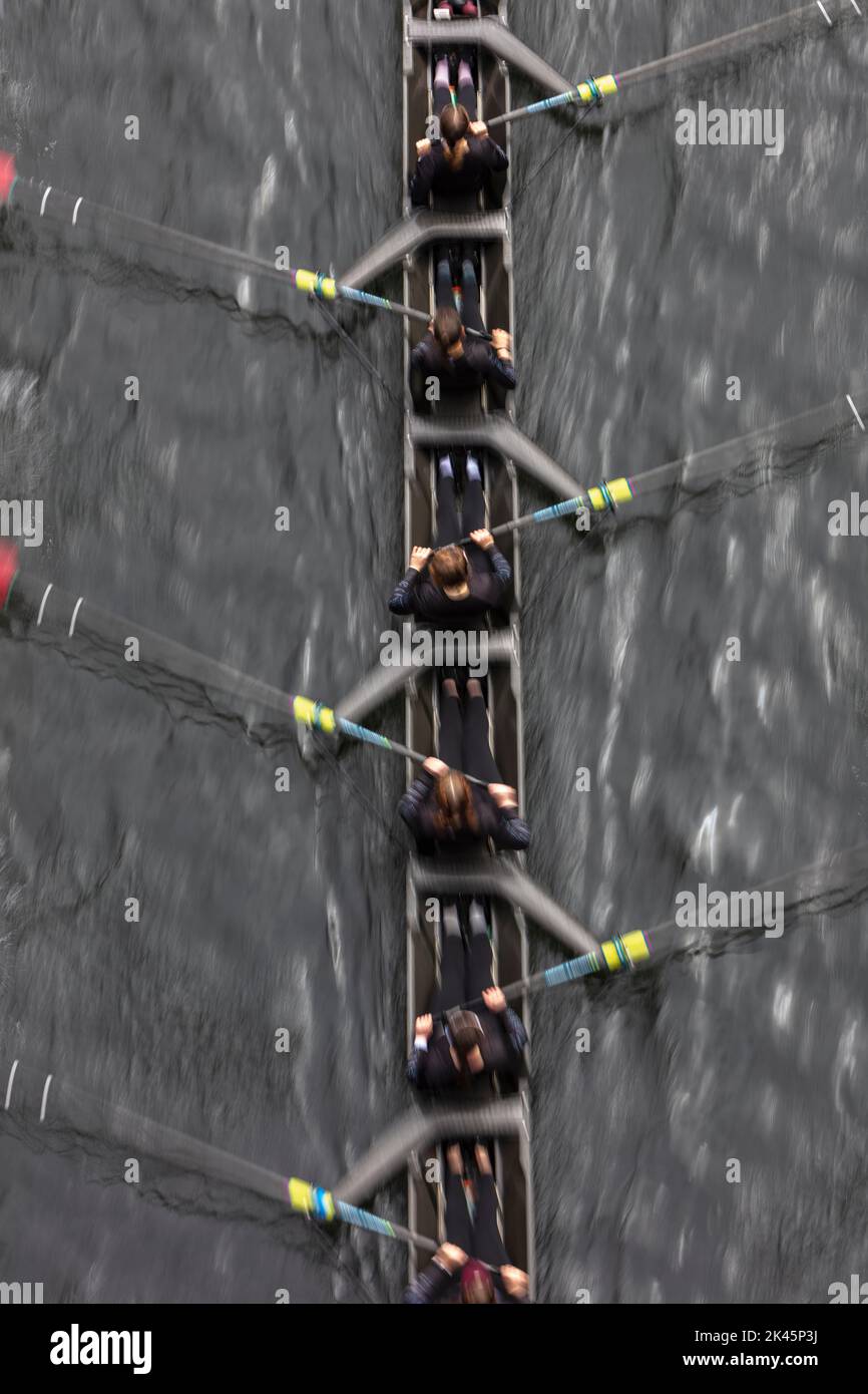 Overhead view of female crew racers rowing in an octuple racing shell ...